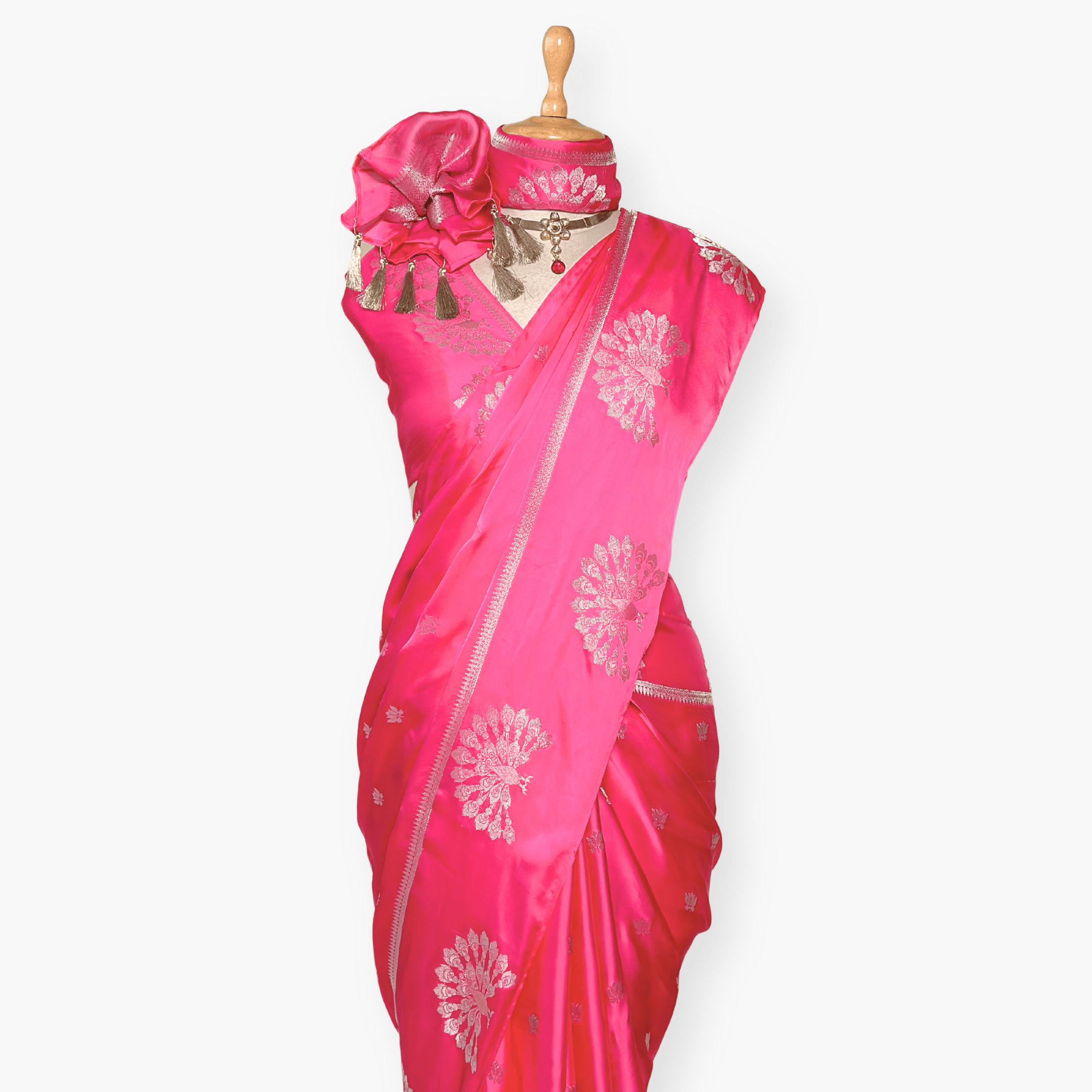 Rani Pink Heirlooms of Silk Shahi Peacock Woven Satin Saree With Unsti ...