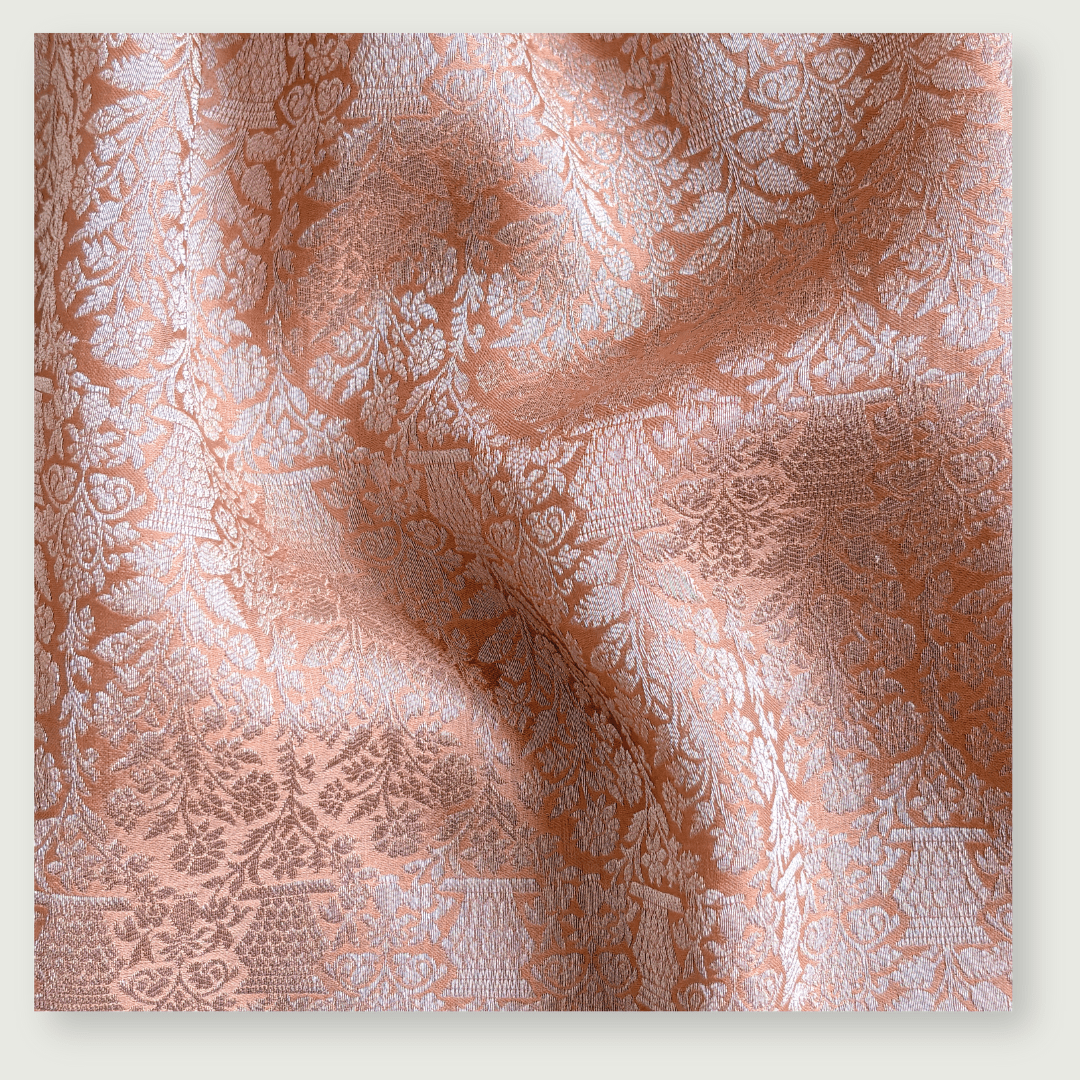 (CUT PIECE) Soft Peach Persian Flowers Cloth of Gold Woven Pure Banara ...
