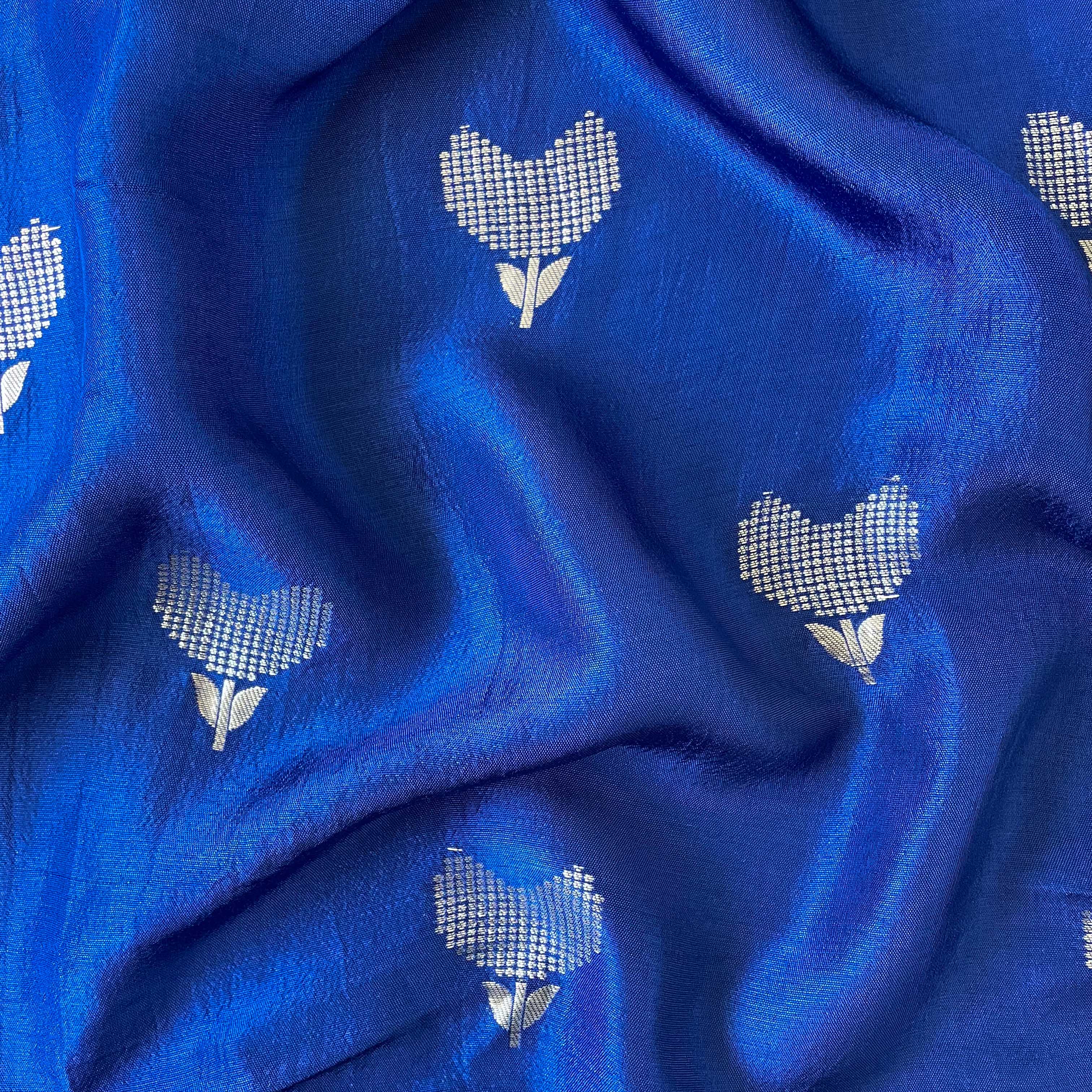 Persian Blue Jamdani Tulip Cloth of Gold Woven Pure Russian Silk Fabri ...