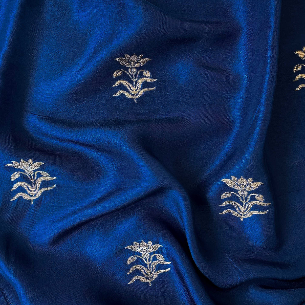 (CUT PIECE) Royal Blue Flower of Taj Woven Pure Russian Silk Fabric (W ...