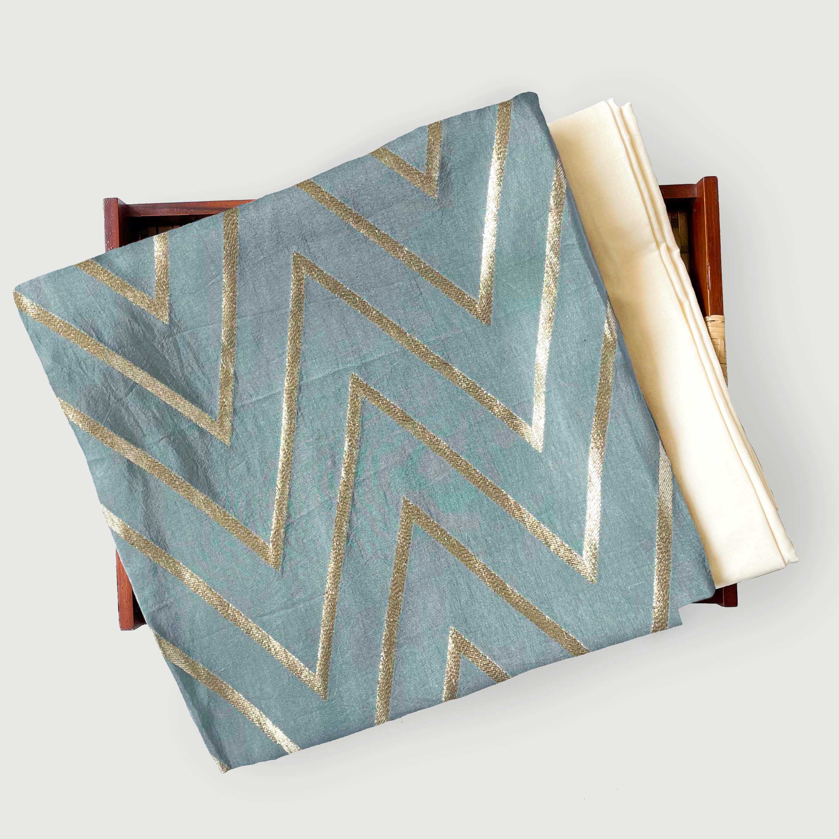 Unisex Dusty Blue Zig-Zag Cloth of Gold | Woven Pure Russian Silk Kurt ...