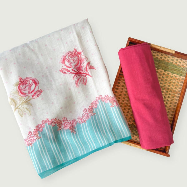 Off-White & Turquoise Blooms & Knots Soft Munga Printed Unstitched Sui ...