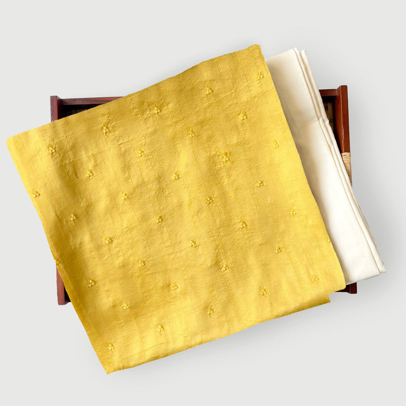 Unisex Haldi Yellow | Embroidered Pure Raw Silk Kurta Fabric (3 Meters ...