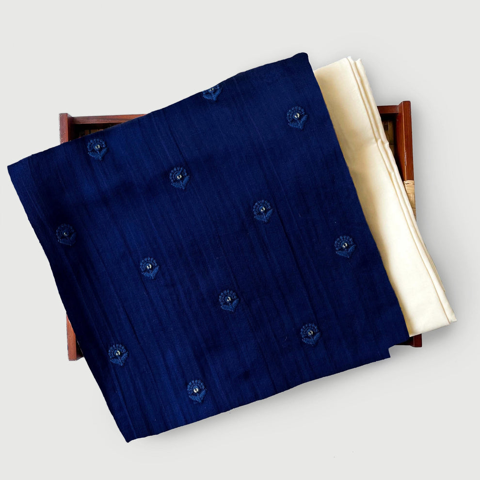 Unisex Indigo Blue Mini Lavender Flower Embroidered Fine Munga Satin K ...