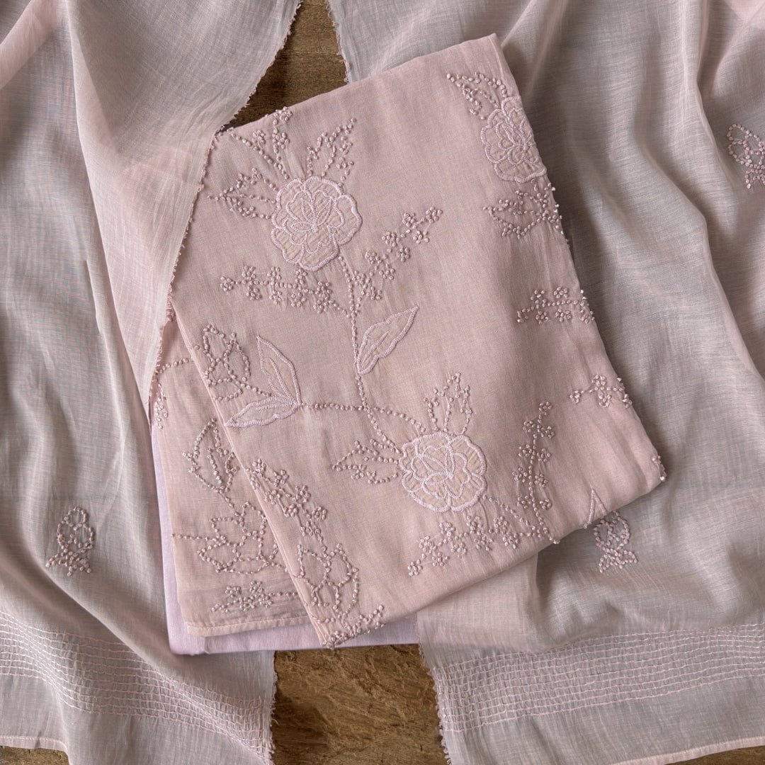 Dusty Pink Bloom of Roses Hand Embroidered Pure Mul Chanderi Unstitche ...
