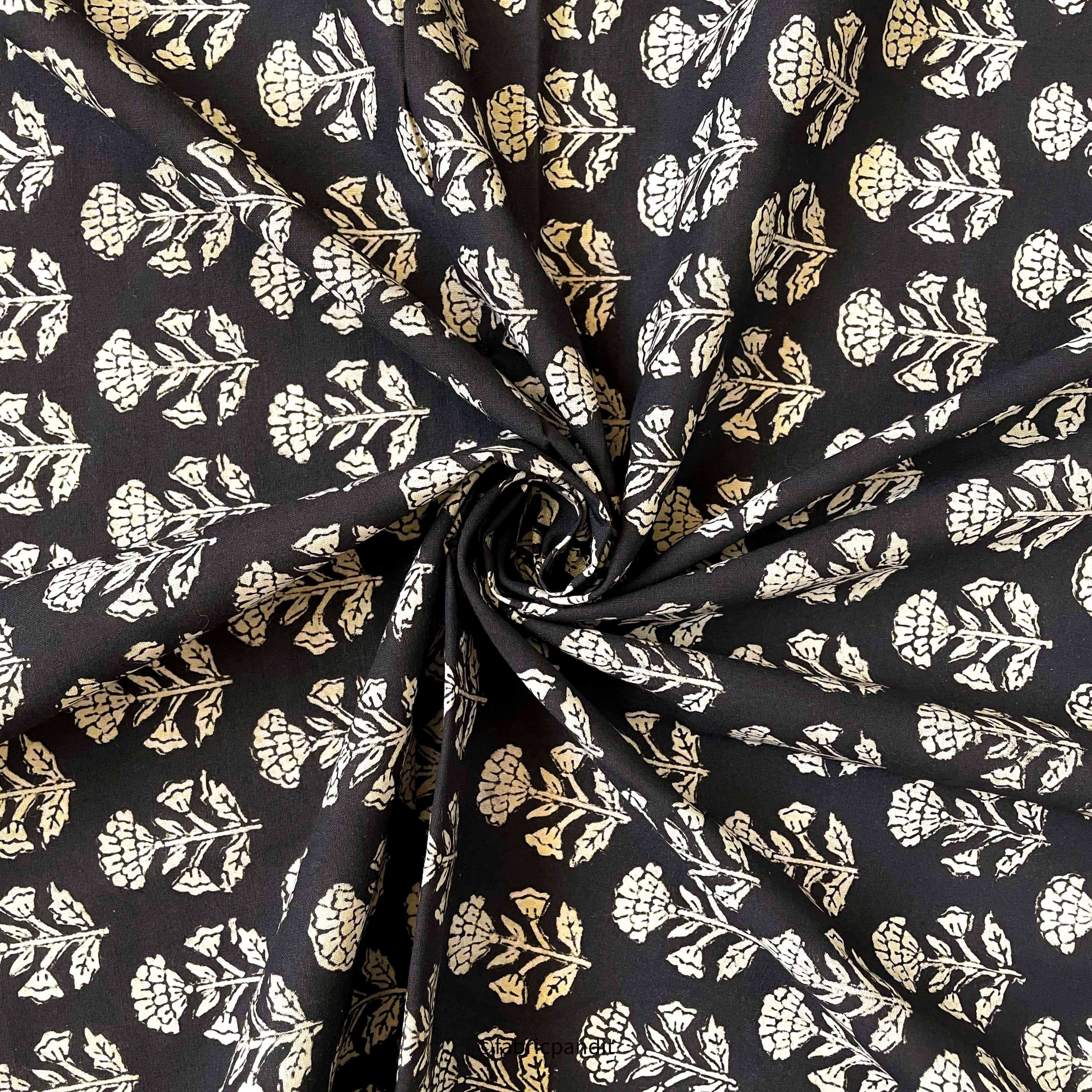 (CUT PIECE) Black & Beige Egyptian Tulip Authentic Bagru Hand Block Pr ...