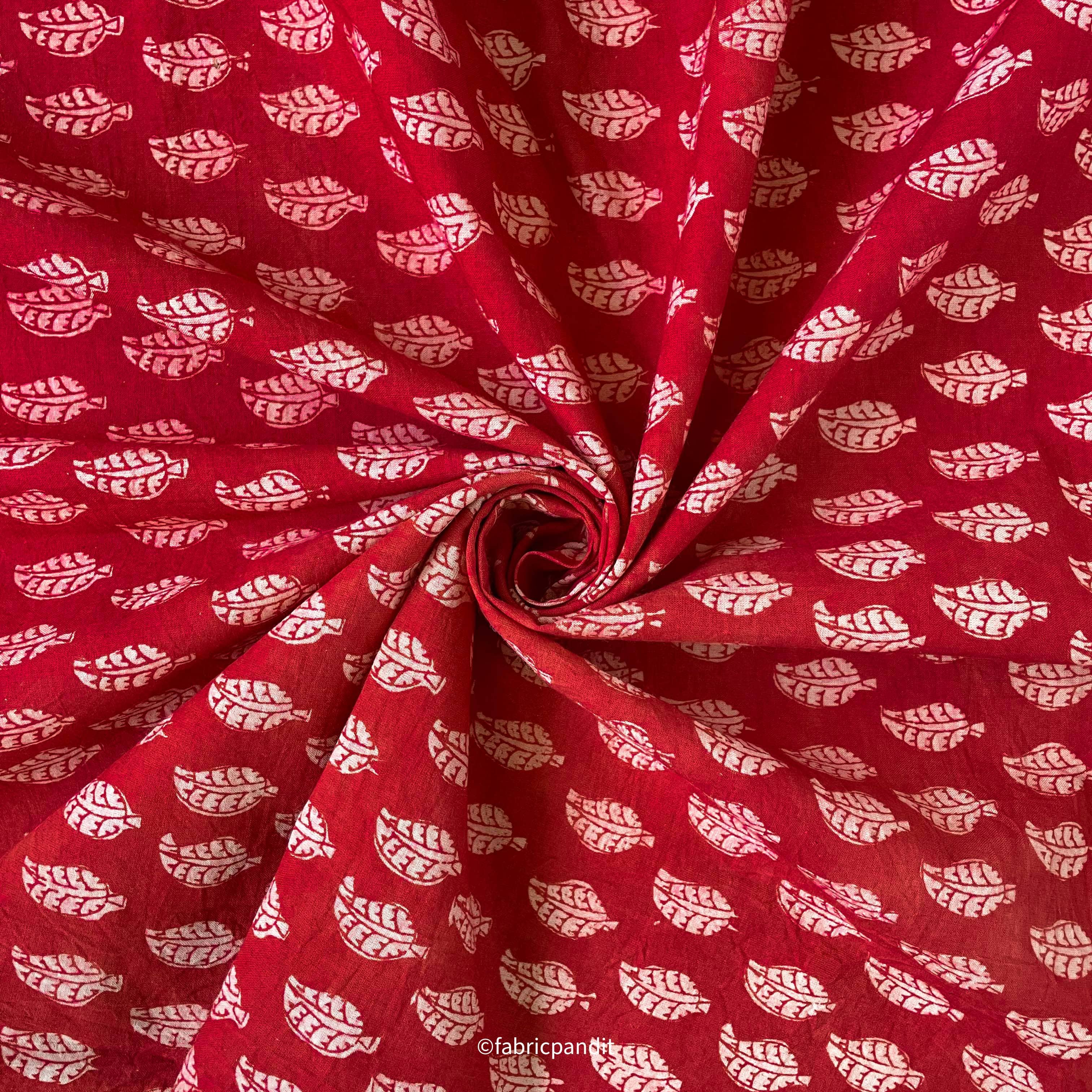 (CUT PIECE) Deep Saffron Mini Leaves Hand Block Printed Pure Cotton Fa ...