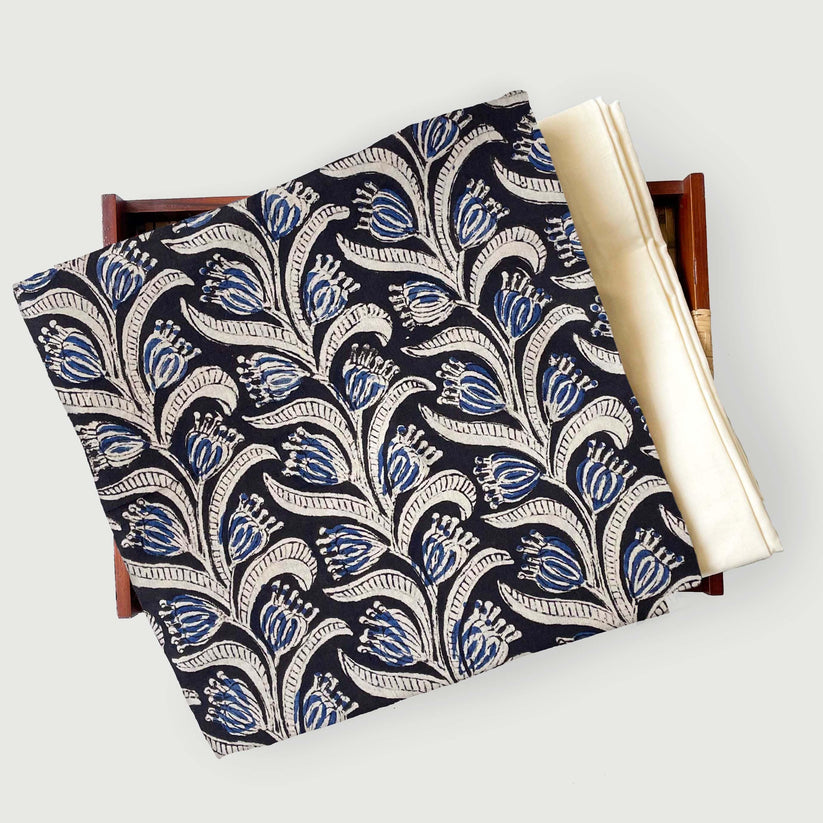 Black & Blue Abstract Tulip Vines | Ajrakh Natural Dyed Hand Block Pri – Fabric Pandit