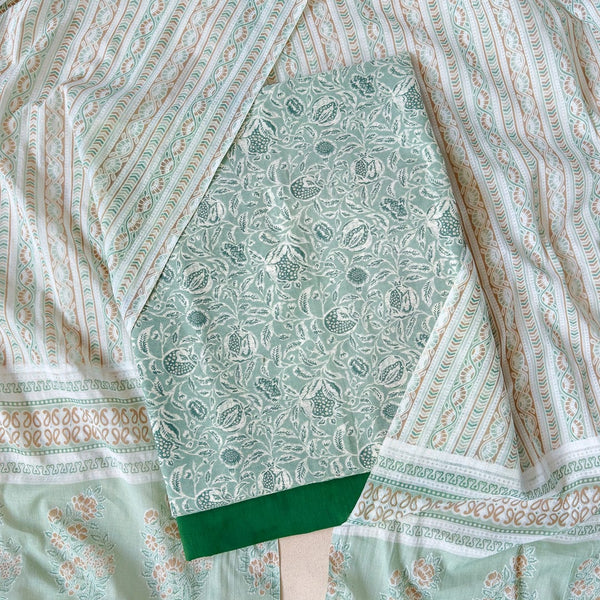 Off-White & Turquoise Hand Block Printed Pure Cotton Unstitched Suit S ...