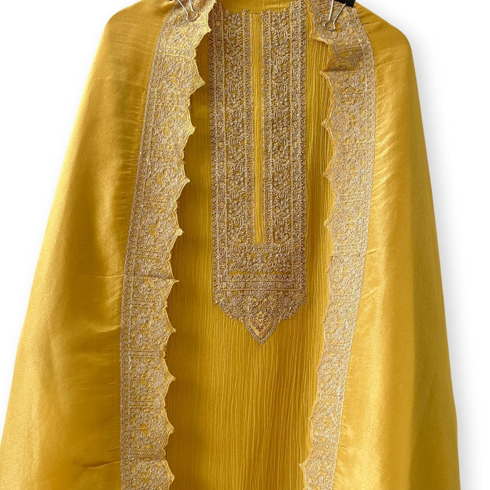 Dusty Yellow & Gold Embroidered Pure Tissue Silk Unstitched Suit Set ...