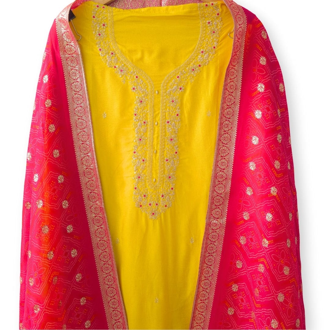 Haldi Yellow & Red Embroidered Pure Raw Silk Unstitched Suit Set ...
