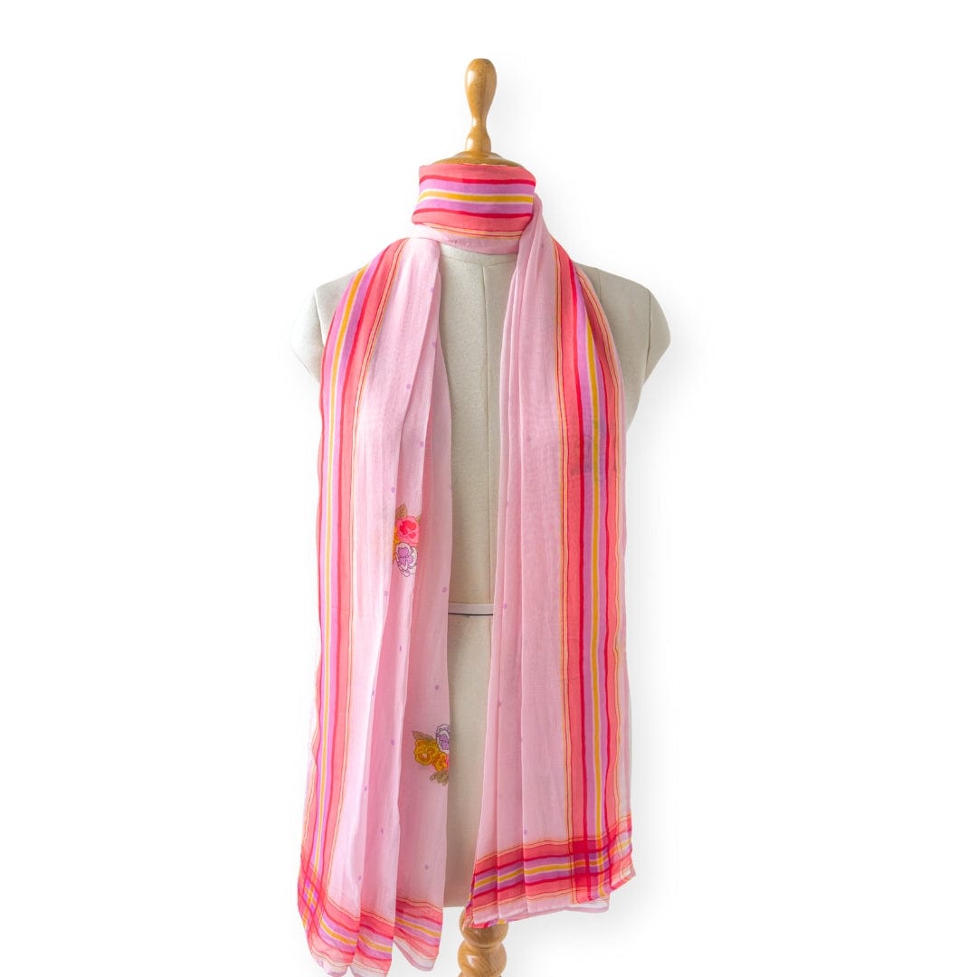 Baby Pink Floral Digital Print with Striped Border Pure Georgette Dupa ...