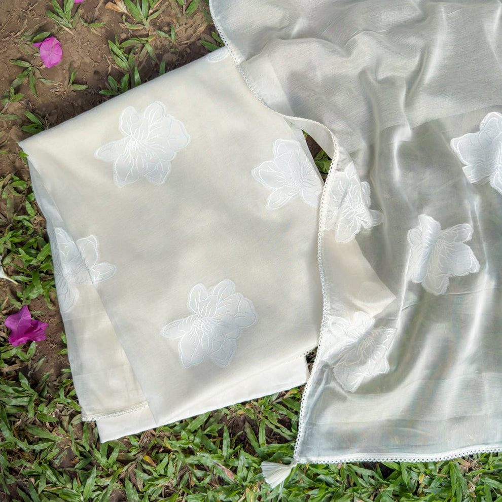 Safed Gigantic Lilies Woven Pure Mul Chanderi Unstitched Suit Sets ...
