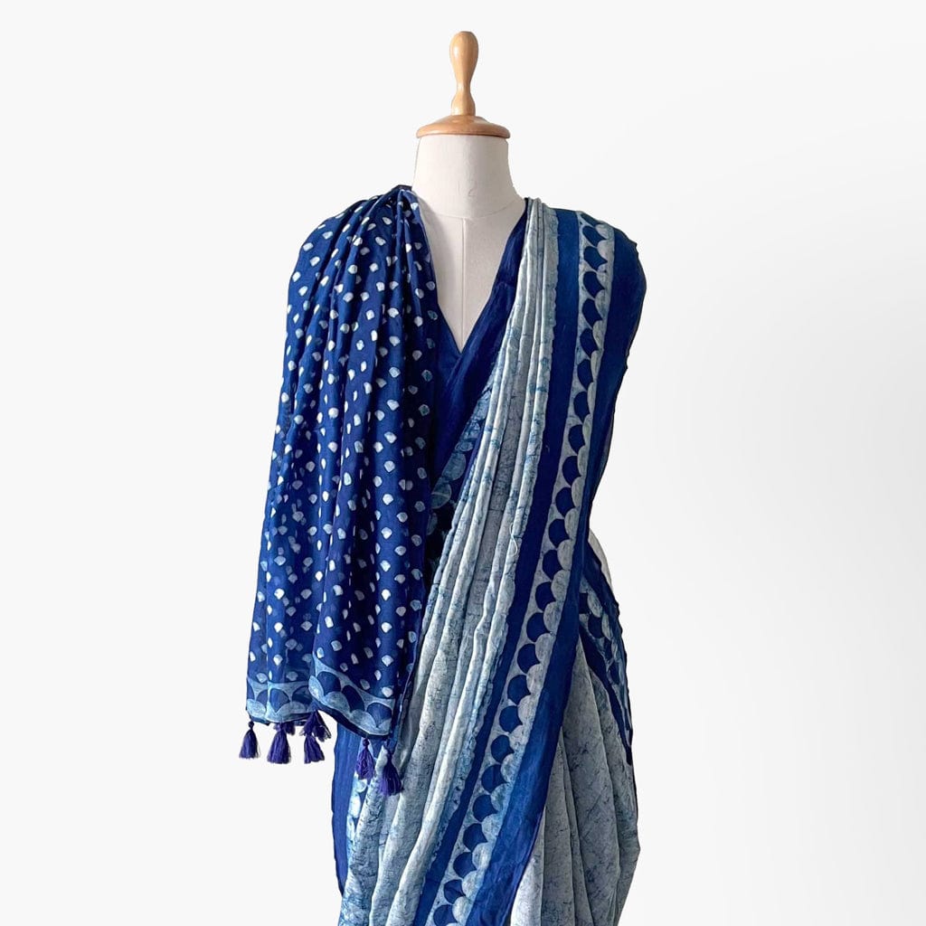 The Indigo Story Abstract Motif Hand Block Printed Soft Munga Saree Wi ...