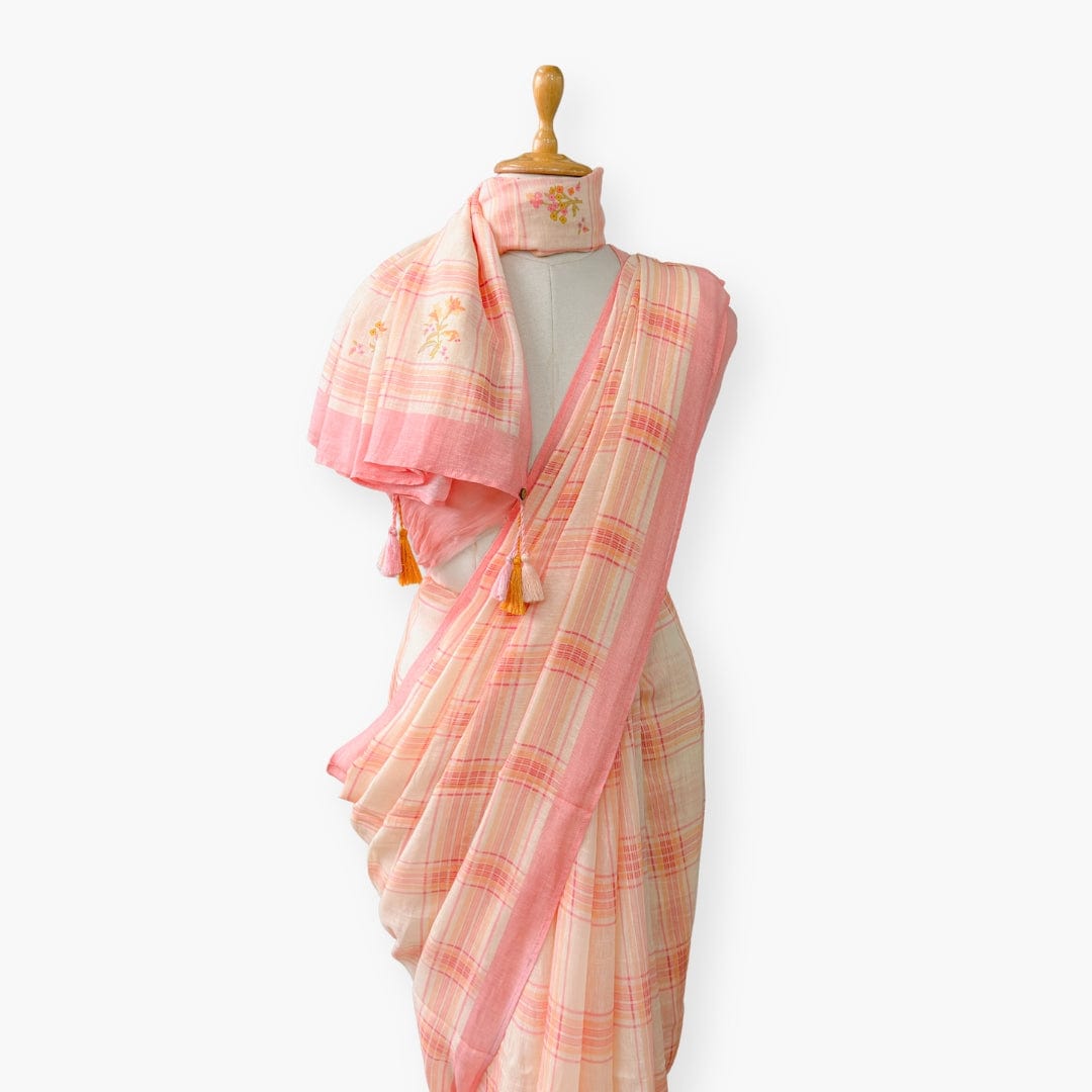 Light Peach The Linen Story Printed Madras Checks Pure Linen Saree Wit ...