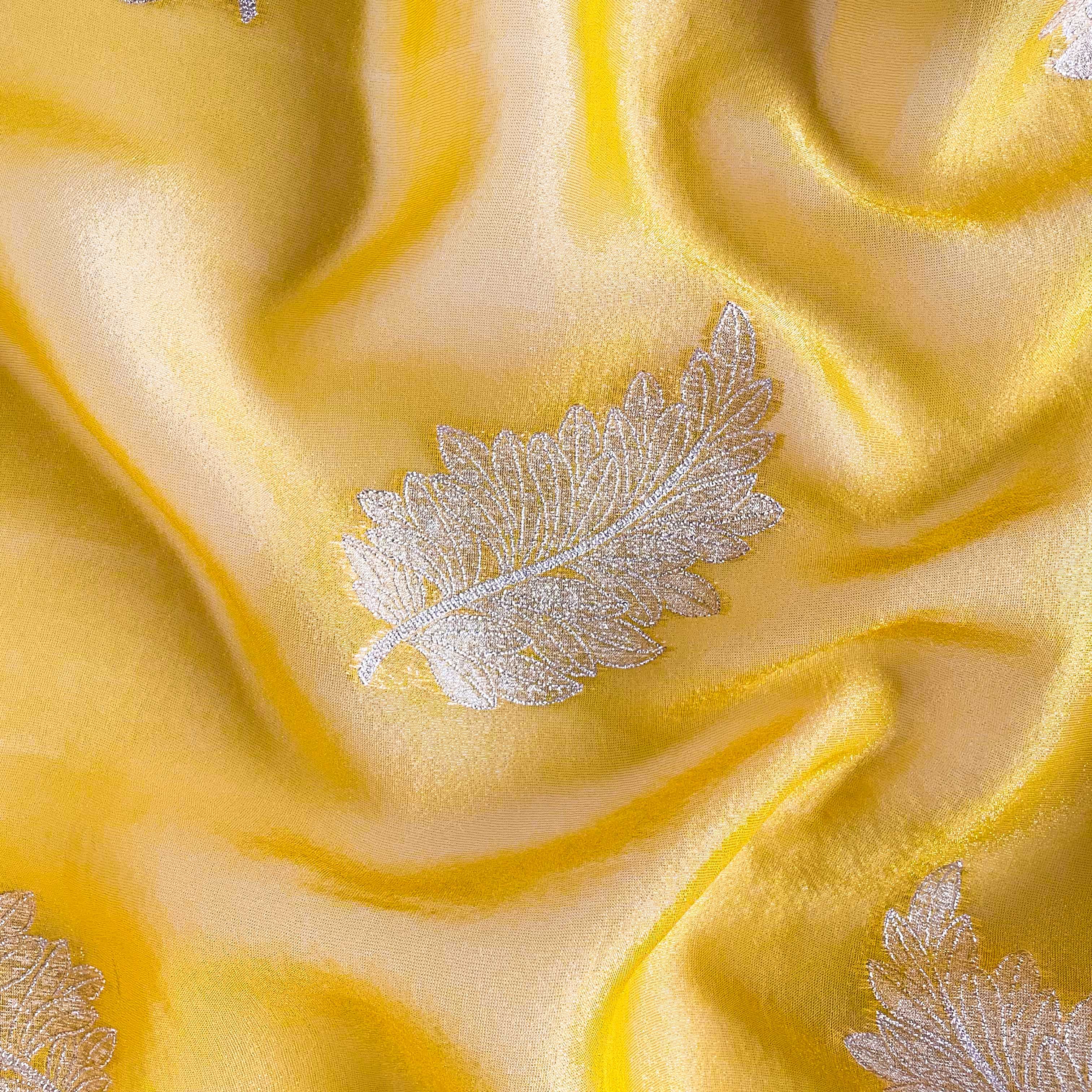 (CUT PIECE) Sona Yellow Woven Pure Tissue Silk Fabric (Width 44 Inches ...