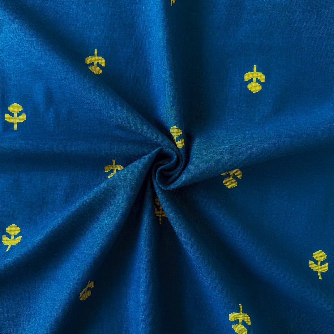 (CUT PIECE) Indigo & Mustard Yellow Floral Woven Pure Cotton Fabric (W ...
